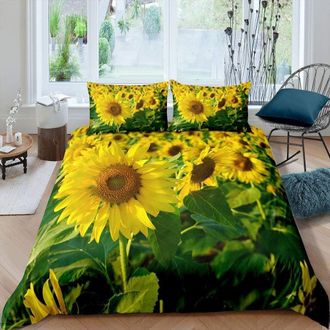 Generic Bettw&auml;sche 155x220 cm Sonnenblumen-Print 3 Teilig Bettbezug 155 x 220 Gr&uuml;Ne Pflanzen Bettw&auml;sche-Sets 3D Weiche Mikrofaser Bettbezug Set mit Rei&szlig;versch
