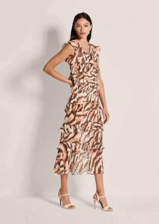 Madeleine Midikleid Sommerkleid mit Animal-Print Midikleid mit V-Ausschnitt, Volants, Wadenl&auml;nge und ohne Arm