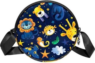 Generic Sac &agrave; bandouli&egrave;re rond pour femme, motif animaux de la bonne nuit, petit sac &agrave; bandouli&egrave;re avec fermeture &eacute;clair, bretelles r&eacute;glables, sac &agrave; main rond