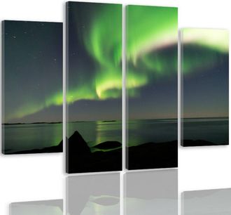 Feeby Leinwandbild - 4 Teile - Bilder, Wand Bild, Wandbilder, Kunstdruck, 4-Teilig, Typ B, 120x80 cm, POLARLICHT, NATUR, GR&Uuml;N
