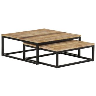 vidaXL Vidaxl - Tables basses gigognes 2 pcs en bois de manguier brut - Finition naturelle - Base en fer noir - Dimensions 70x68x27 cm et 60x60x21 cm