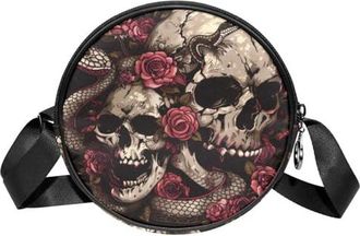 Generic Sac &agrave; bandouli&egrave;re rond pour femme, motif cr&acirc;nes, serpent, roses, petit sac &agrave; bandouli&egrave;re avec fermeture &eacute;clair, bretelles r&eacute;glables, sac &agrave; main rond d
