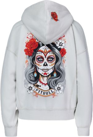Pitbull Damen Kapuzenjacke Washed LOVIA Santa Muerte - Frauen Zip Hoodie Oversize Fit, Baumwolle Polyester Sweatjacke mit Totenkopf Print, Bequeme Freizeitjac