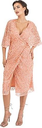 Maya Womens Midi Ladies Sequin Embellished Cape Sleeve Wrap Dress for Wedding Guest Bridesmaid Cocktail Prom Evening Robe, Apricot Blush, 38 Femme