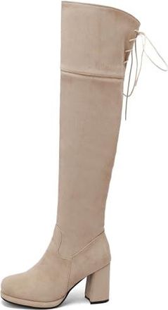 SJJH Bottes hautes &agrave; talon bloc | Bottes &eacute;l&eacute;gantes pour femme pour lautomne et lhiver, 8,5 cm de hauteur, doublure chaude, Abricot, 42 EU