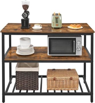 Vasagle Lot de Cuisine avec Grand Plan de Travail, &Eacute;tag&egrave;re de Cuisine &agrave; 3 Niveaux, Cadre en Acier, 60 x 120 x 90 cm, Style Industriel, Montage Facile, Marron