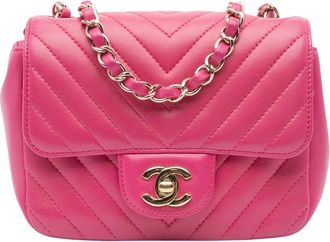 Chanel Sac Mini Carr&eacute; Classique Chevron en cuir dagneau &agrave; rabat unique Pre-owned - Femme - Pre-owned - Rose - Taille: ONE Size