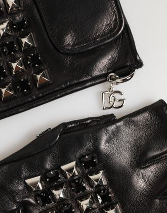 Dolce & Gabbana Black Leather Studded Fingerless Hand Mitten Men Gloves Lamb