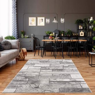 Carpet City Teppich Wohnzimmer - Stein-Optik 120x170 cm Grau Meliert - Moderne Teppiche Kurzflor