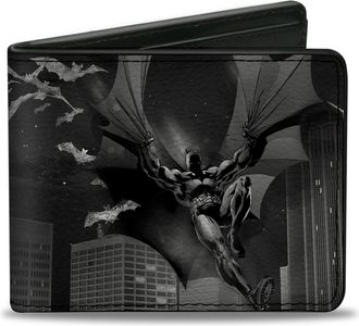 Buckle Down Bi-Fold Wallet - Buckle-down PU Bifold Wallet - Batman Beauty of Flight Action Pose/Bats/Skyline Schwarz/Grau, Unisex-Erwachsene, Mehrfarbig