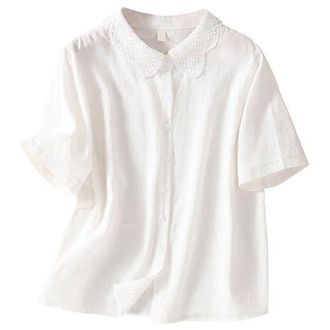 Generic Chemises en coton et lin pour femme - Broderie d&eacute;contract&eacute;e - Manches courtes - Respirant - Col boutonn&eacute; - Chemisier pour femme, blanc, XXL