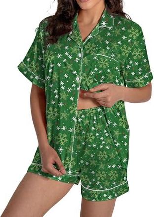Generic Ensemble pyjama de Noël pour femme - En satin - Avec boutonnière - Court - Deux pièces - Pyjama amusant - Tenue de Noël décontractée - Tenue de Noël, 