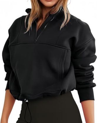 Generic Sweats doux &agrave; demi-fermeture &eacute;clair pour femme, pull court &agrave; manches longues, tenue tendance dautomne 2025 Y2k v&ecirc;tements avec poches, Noir, XXL