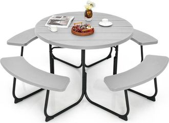 Costway Ensemble Table de Pique-Nique avec 4 Bancs Intégrés, Ensemble de Jardin Table de Pique-Nique Circulaire 135KG Trou pour Parasol, pour Jardin Piscine