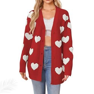 Generic Cardigan en tricot boutonn&eacute; en forme de coeur &agrave; manches longues pour la Saint-Valentin, Rouge, S