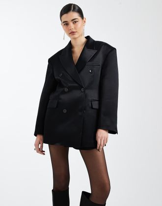 Asos Zweireihiger Oversize-Blazer aus Satin in Schokobraun-Schwarz