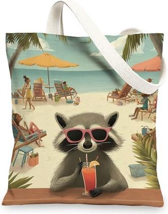 Generic Sac en toile raton laveur de plage, jolis sacs à provisions réutilisables, écologiques, légers sacs à bandoulière en coton, beige, 13x15 Inch