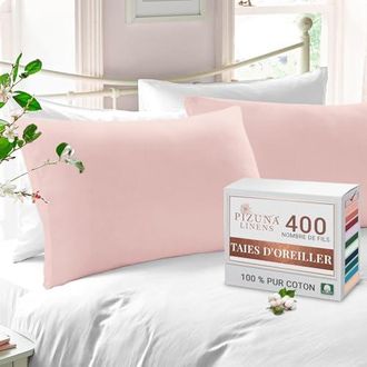 Pizuna Coton Peign&eacute; Set de 2 Taies doreiller 50x75 cm Rose Clair, 100% Coton Longue Tige 400 Fils Armure Satin Taies doreiller en Coton 50x75 avec Rabat de 2