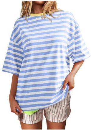 Generic T-shirt femme surdimensionn&eacute; ray&eacute; manches courtes bloc de couleur col rond basique d&eacute;contract&eacute; t-shirt d&eacute;t&eacute;, bleu, XXL