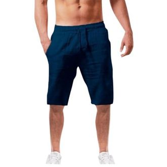 Generic Short baggy en coton et lin pour homme 2026 &agrave; la mode d&eacute;contract&eacute; d&eacute;t&eacute; en coton solide et respirant pour homme, bleu marine, 3XL