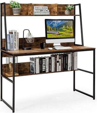 Costway Costway - Bureau avec Biblioth&egrave;que, Table dOrdinateur 120 x 55 cm, Bureau &agrave; Domicile avec &Eacute;tag&egrave;res de Rangement, Table de Travail Design Industriel