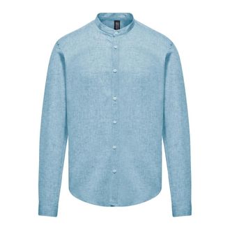 Bomboogie Homme, Chemises, Bleu, Taille: M Chemise en Lin/Coton avec Col Mandarin
