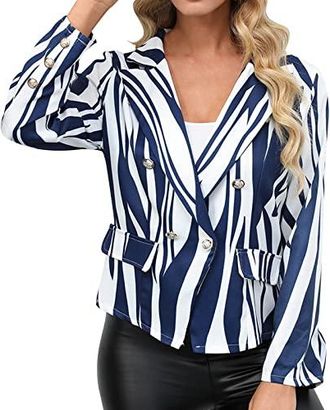 Generic Vestes pour femmes, automne et hiver, revers &agrave; manches longues, petite veste de costume imprim&eacute;e 2026, bleu, M