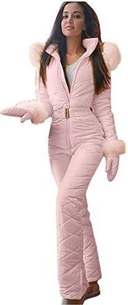 TOMWELL Combinaison de Ski Femmes Hiver Couleur Unie Chaud Peluche Capuche Overall Neige Sports De Plein Air Zipper Ski Suit Imperméable Jumpsuit Rose L