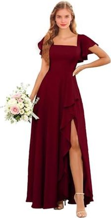 Generic Robe de demoiselle dhonneur à manches courtes en mousseline de soie avec fente et col carré, robe dinvitée de mariage, robe formelle pour mariage, rou