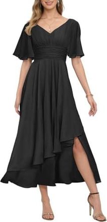 Generic Robe de mère de la mariée avec manches et col en V plissée en mousseline de soie pour invitée de mariage, Noir, 52 Grande taille