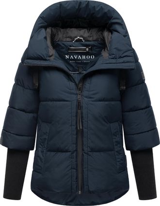 Navahoo moderne Damen Winterjacke warme Steppjacke mit Kapuze und Rippstrick&auml;rmeln Lotusherz XIV Navy Gr. S