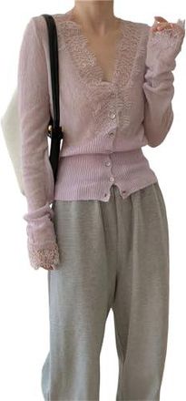 Generic Cardigan en dentelle noire &agrave; manches longues pour femme - Haut fin &agrave; simple boutonnage - Mode cor&eacute;enne, violet clair, Taille Unique