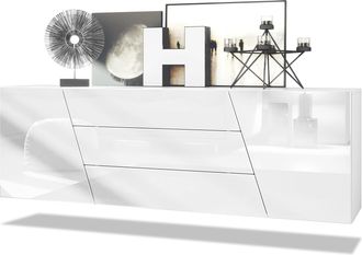 Vladon Sideboard Houston, Made in Germany, hängende Kommode mit 2 Türen & 3 Schubladen, Korpus Weiß matt, Fronten Weiß Hochglanz (178 x 57,5 x 38,5 cm)
