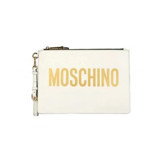 Moschino Femme, Sacs, Blanc, Taille: ONE Size Pochette en Cuir avec Logo Avant Fermeture Éclair