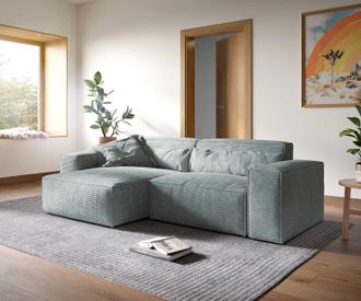 DELIFE Ecksofa Sirpio XL 270x170 cm Cord Pastellblau Recamiere variabel, Ecksofas