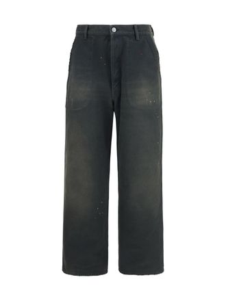 Maison Margiela Mens Pants Double-Dye Workwear Black-Spots Cotton Trousers Black/spots
