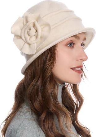 ZLYC 1920 Vintage Chapeau Cloche en Laine Fleur Chapeaux Melon pour Femme (Floral Cream White)