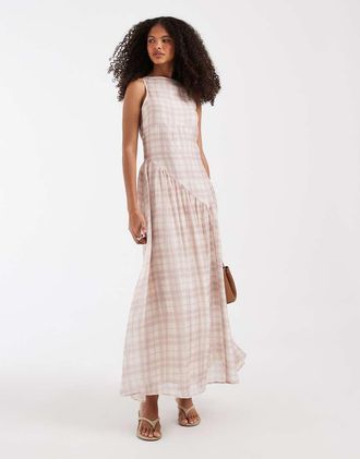 Asos Kariertes Midikleid in Cremewei&szlig; mit U-Boot-Ausschnitt und asymmetrischem Saum-Mehrfarbig