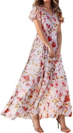 Generic Robe maxi pour femme avec motif floral - Manches courtes - Robe longue fluide - Col en V - Ligne A - Bleu - &Eacute;l&eacute;gante, rouge, 3XL