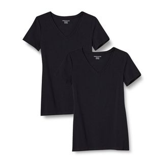 Amazon Essentials Damen T-Shirt Regular Fit mit kurzen Ärmeln und V-Ausschnitt, 2er-Pack, Schwarz, XXL