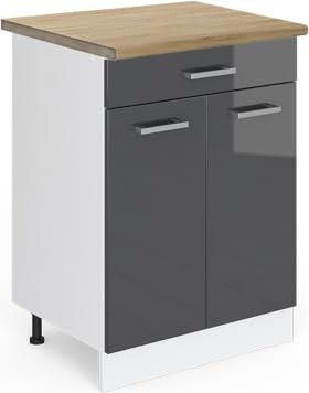 Vicco Meuble Cuisine R-Line, Anthracite Haute Brillance/Blanc, 60 cm avec tiroir, PT Ch&ecirc;ne