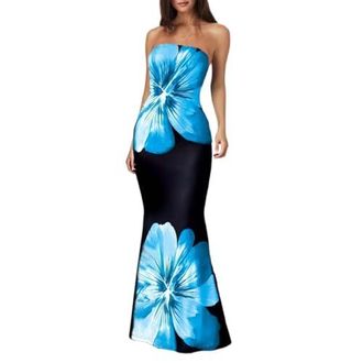 Generic 2026 Robe amincissante &agrave; imprim&eacute; floral sans bretelles, robe longue moulante pour femme, robe de soir&eacute;e &eacute;l&eacute;gante et ajust&eacute;e, bleu, XL