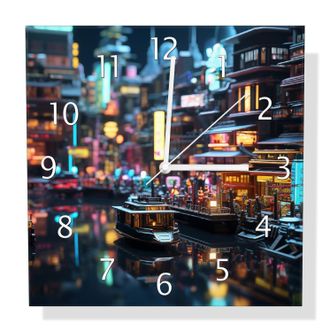 Wallario Design-Wanduhr Stadt bei Nacht aus Glas, Motiv-Uhr Größe 30 x 30 cm, weiße Zeiger