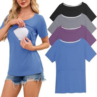 Smallshow Lot de 4 Tee Shirt Allaitement Manches Courtes Haut Allaitement Femme,Blue-Black-Light Grey-Misty Lilac,M