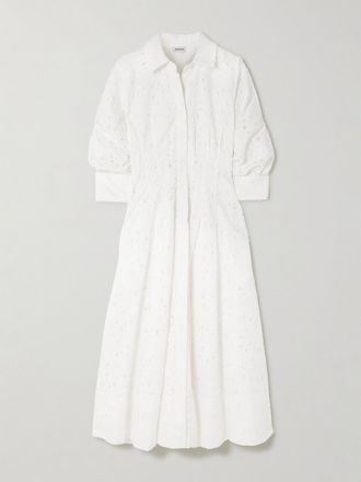 SIMKHAI Jazz Midi-hemdblusenkleid Aus Baumwolle Mit Lochstickerei Und Falten - Weiß