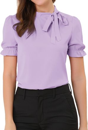 Allegra K Damen 50er Jahre Bluse mit Schleife Schluppenbluse Festliche Blusen Kurzarm Panel Fliege Hals R&uuml;schen Elegant Top Hell Lila 3XL