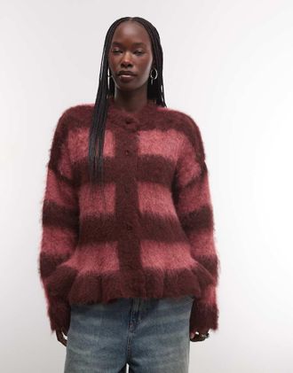 The Ragged Priest Oversize-Strickjacke mit flauschigem Strick und Streifen in Burgunderrosa-Multi