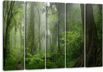 Feeby Wandbilder 200x100 cm Wald im Nebel 5 tlg Modern Leinwandbilder Bilder Bild auf Leinwand Design Wohnzimmer Schlafzimmer Flur Büro Landschaft Natur Grü