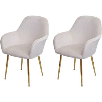 Hhg jamais utilis&eacute;] Lot de 2 chaises de salle &agrave; manger 240, chaise de cuisine, design r&eacute;tro, velours cr&egrave;me-blanc, pieds dor&eacute;s