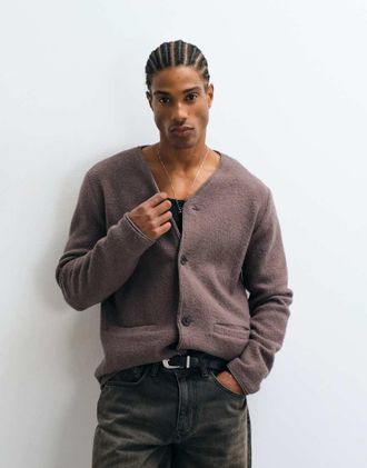 Selected Strickjacke mit V-Ausschnitt aus 100 % gewalkter Wolle in Braun-Morel